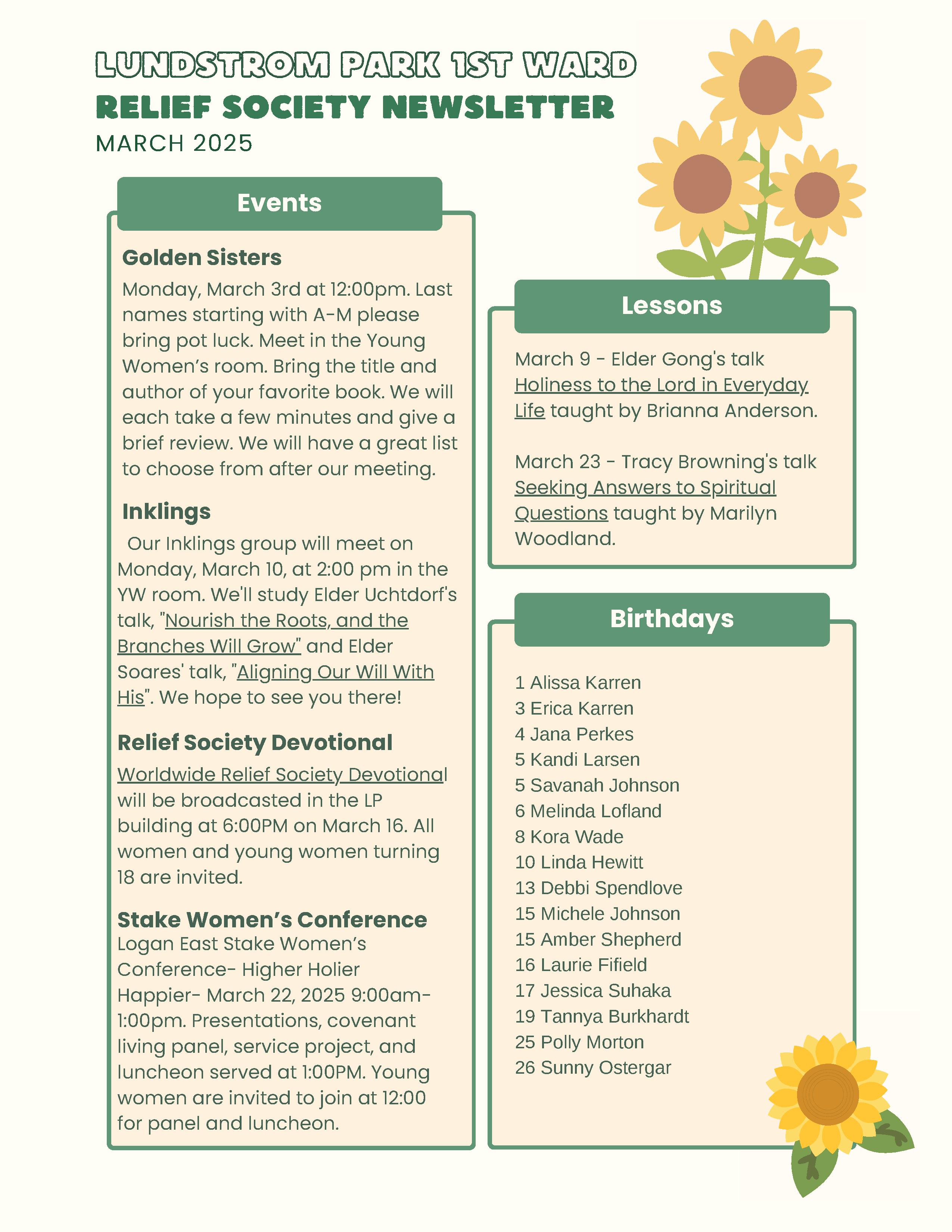 Relief Society Newsletter – Welcome to the Lundstrom Park First Ward